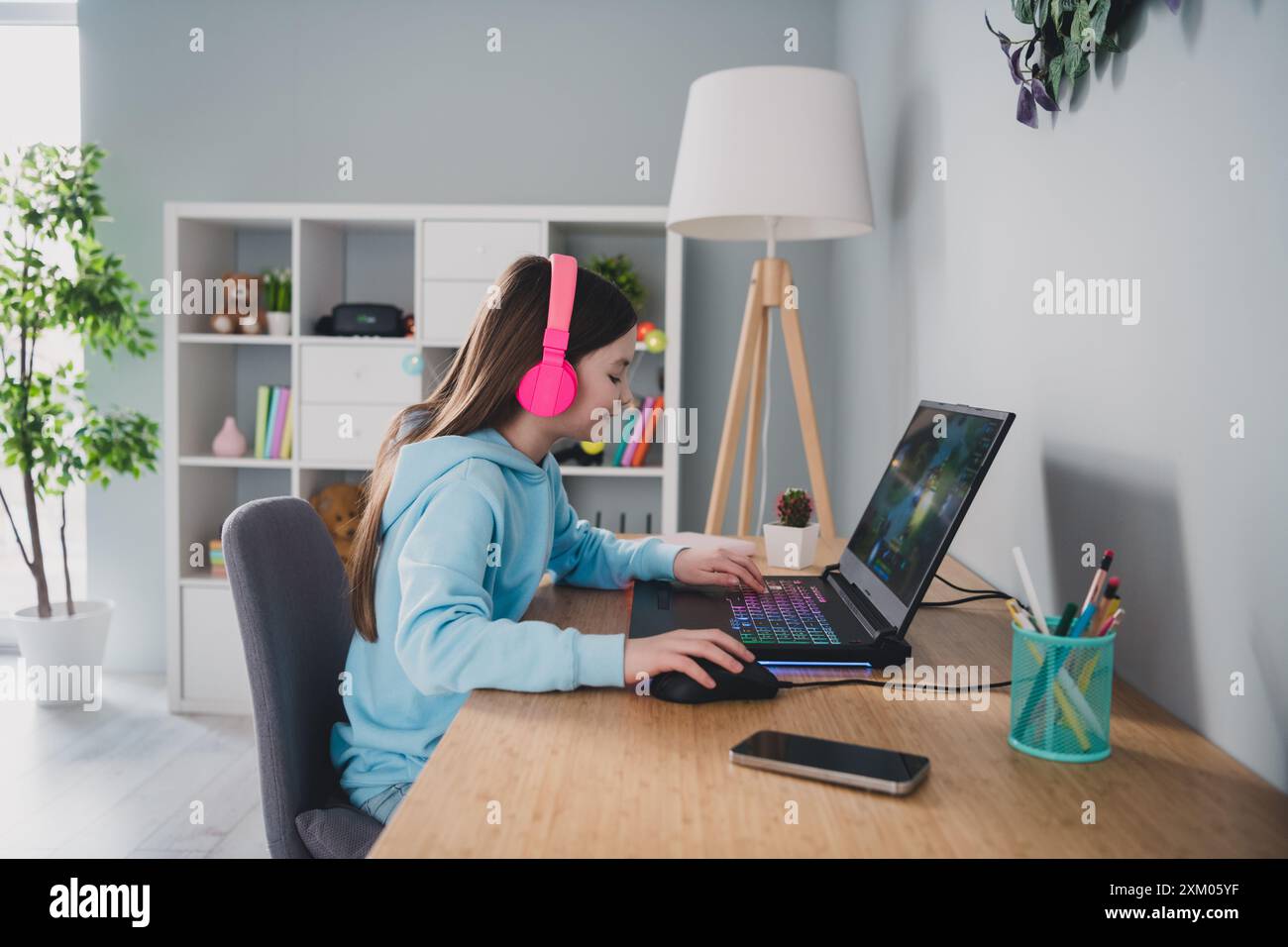 Photo of cute lovely programmer girl addicted user sitting computer ...