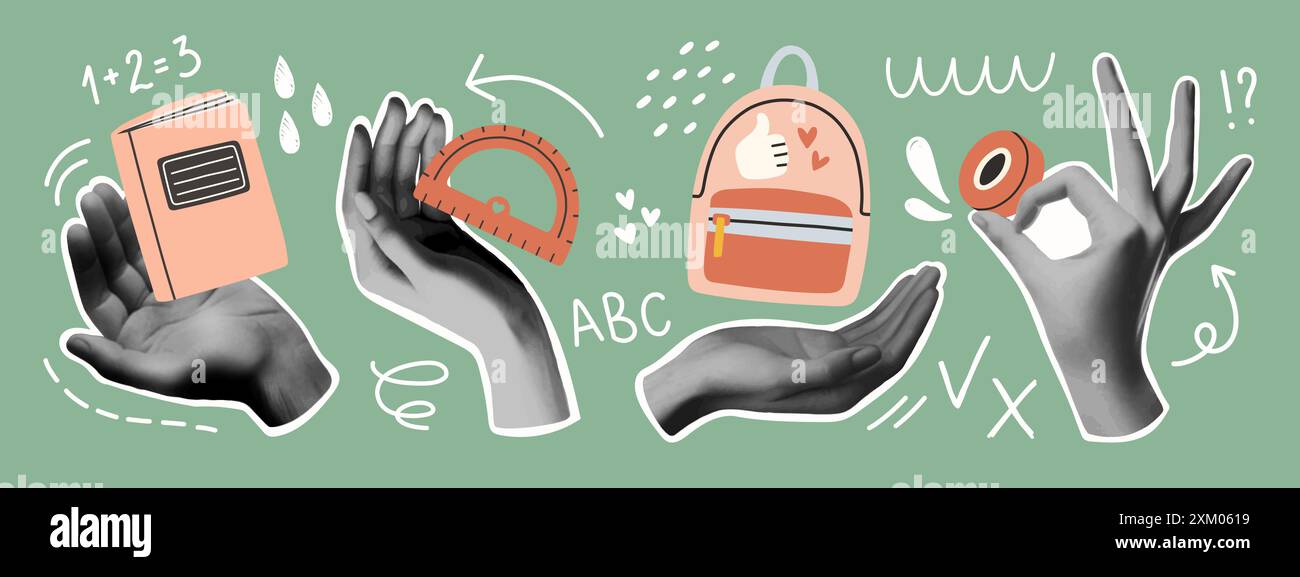 Back to school collage hands set. Trendy vector gesture signs. Modern ...