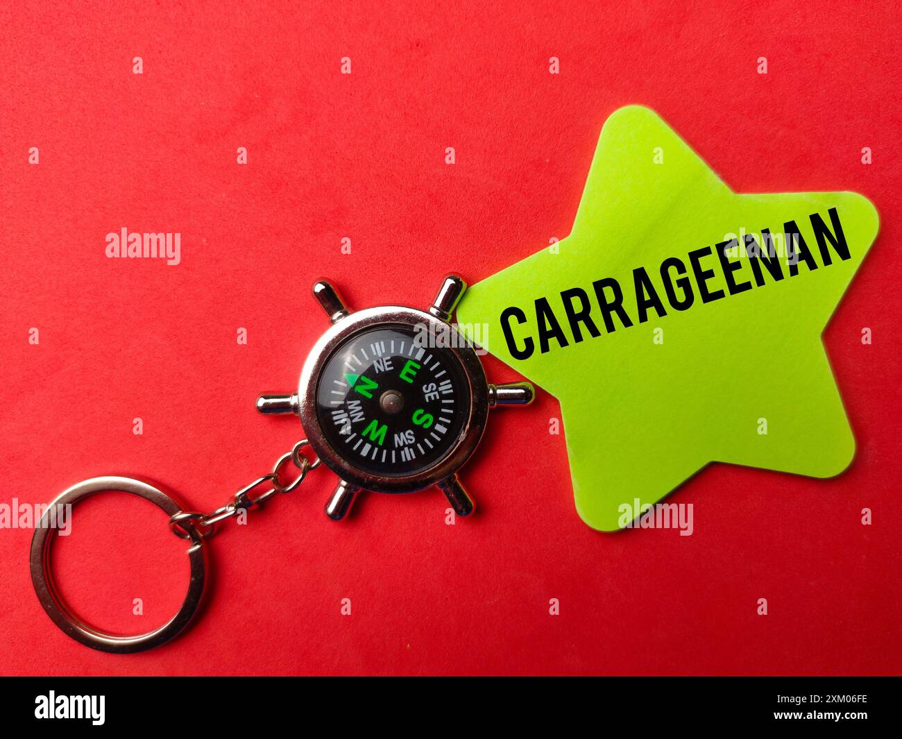 Compass keychain and colored sticky note written with text CARRAGEENAN ...
