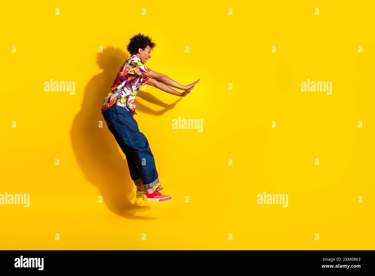 Full size photo of nice funky young man fall empty space wear shirt ...