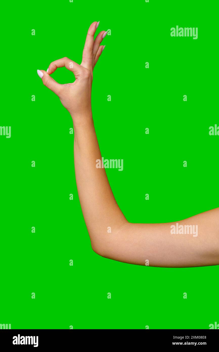 Woman's Hand Forming Okay Sign Against Green Screen Stock Photo - Alamy