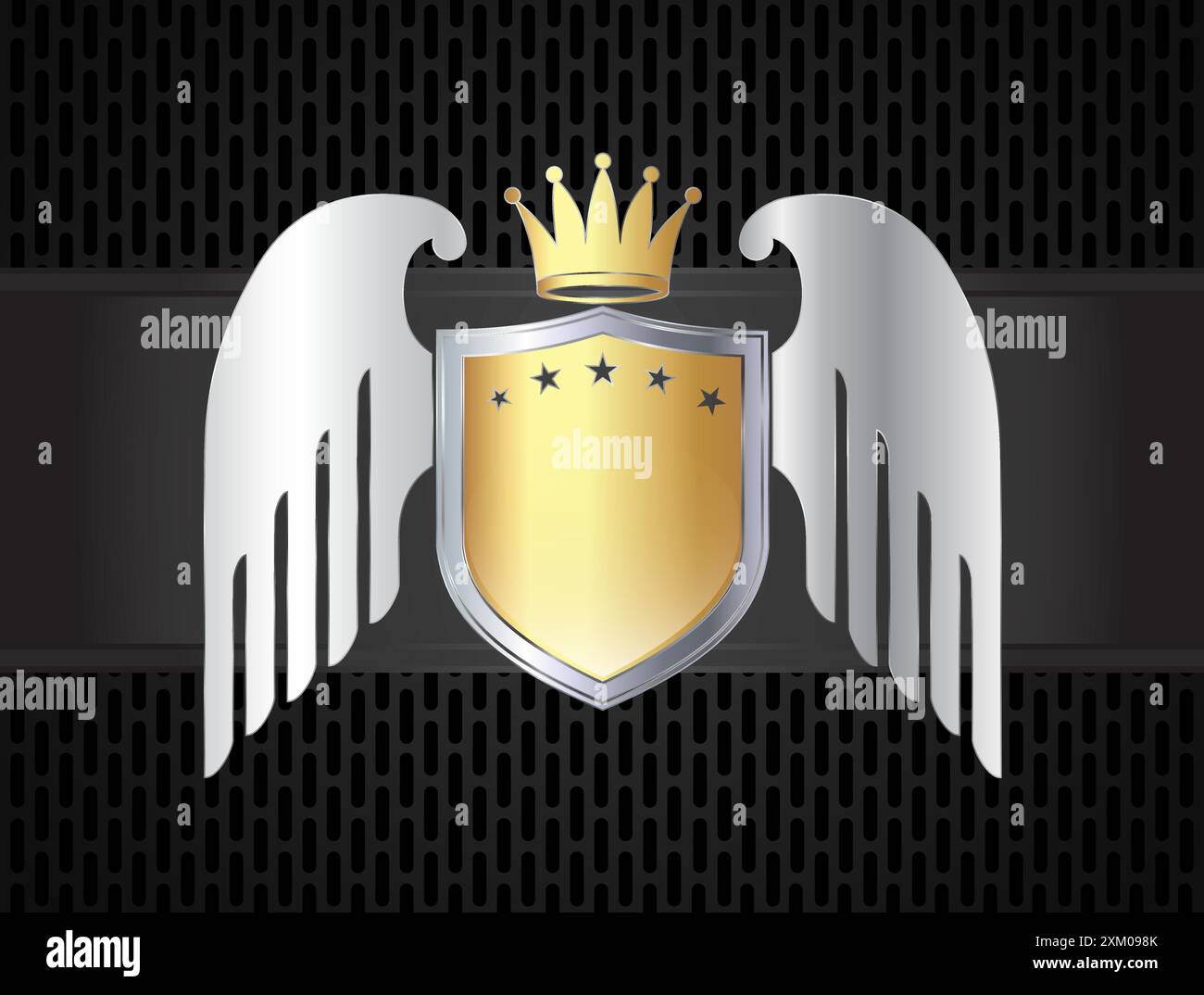 glossy gold metal winged shield symbol with crown, dark background ...