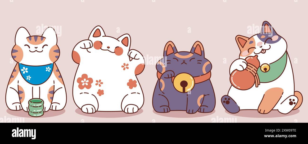 Asian lucky cats set isolated on background. Contemporary vector cartoon illustration of cute ...