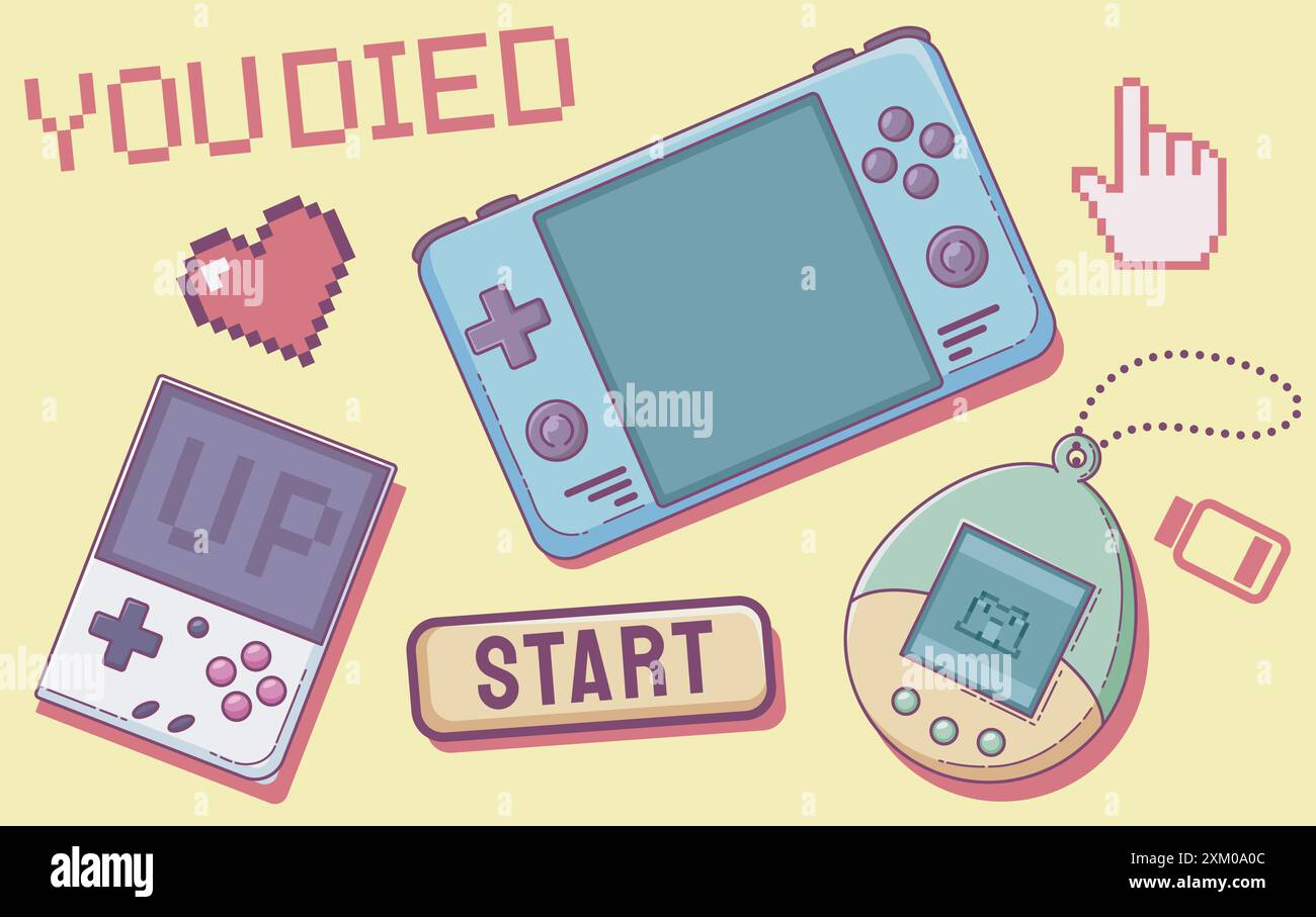 Cute girl gamer retro print. Kawaii pixel y2k set. 90s graphic design ...