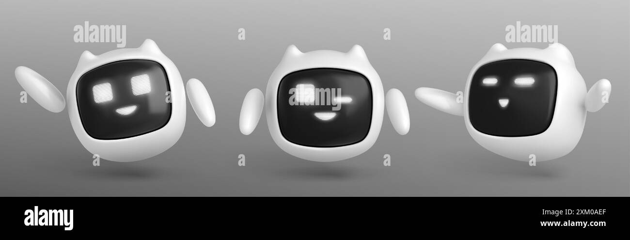 Cute friendly robot with different face emotions on digital screen. Realistic 3d vector ...