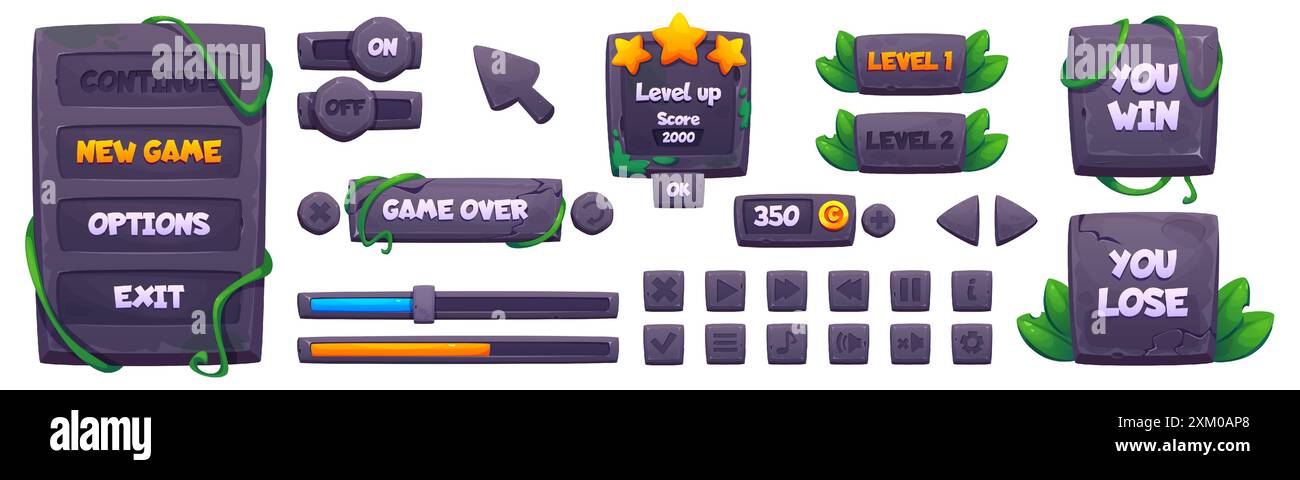 Game ui design kit of borders, plates and buttons with stone texture ...