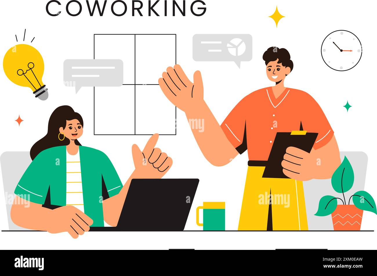 Vector Illustration of a Coworking Business with Colleagues Talking, Meeting, and Working in a ...