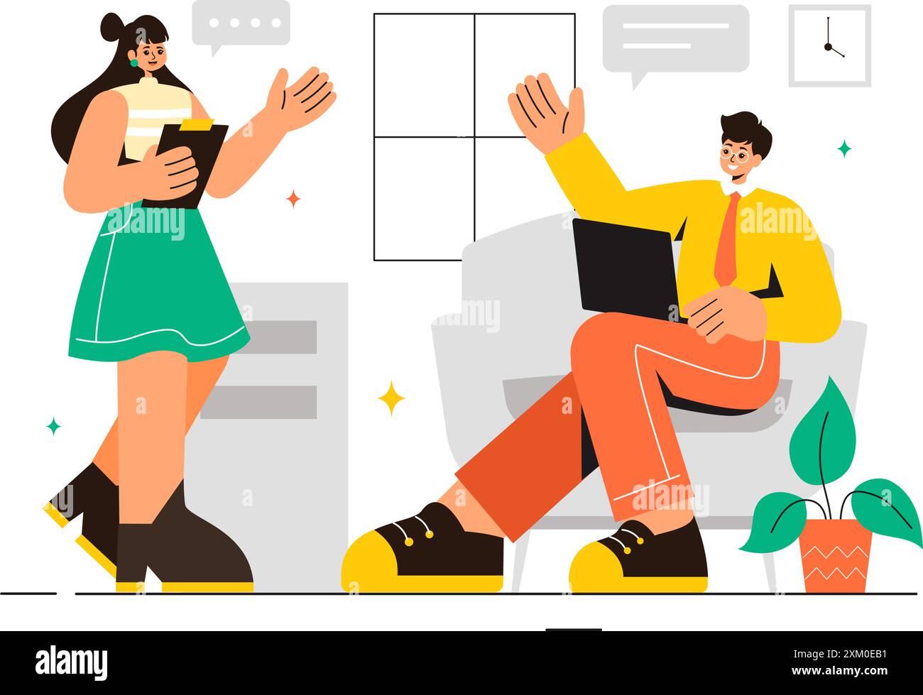 Vector Illustration of a Coworking Business with Colleagues Talking, Meeting, and Working in a ...