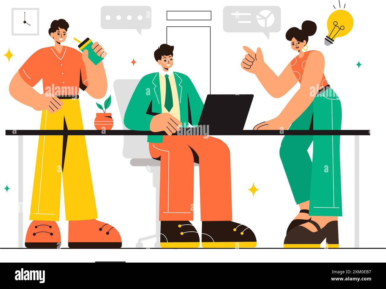 Vector Illustration of a Coworking Business with Colleagues Talking, Meeting, and Working in a ...