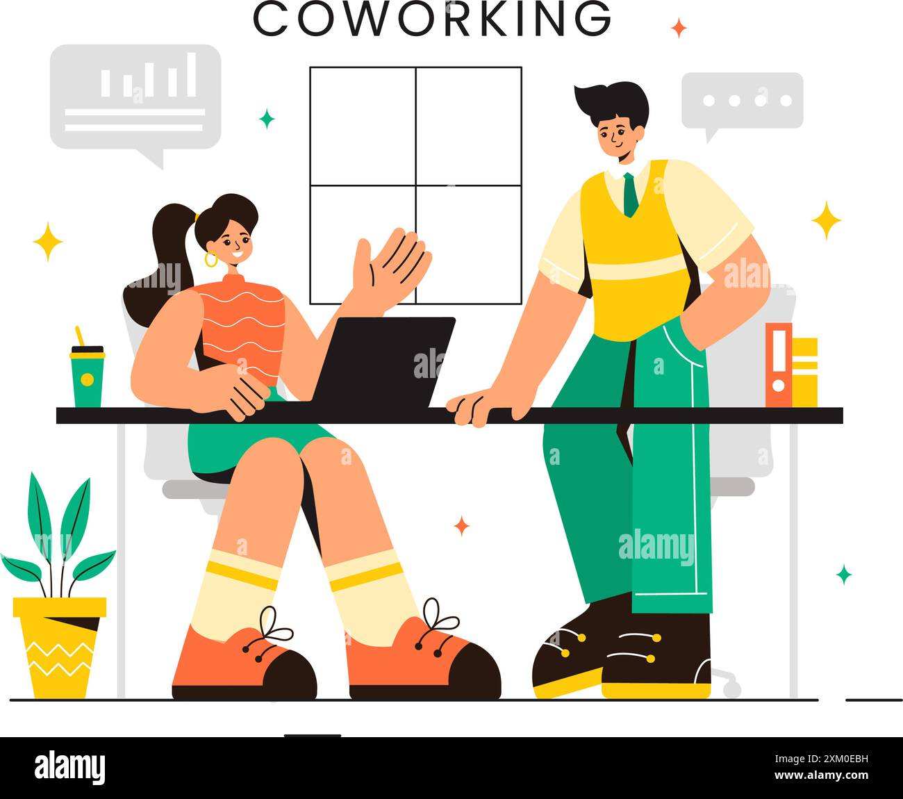 Vector Illustration of a Coworking Business with Colleagues Talking, Meeting, and Working in a ...
