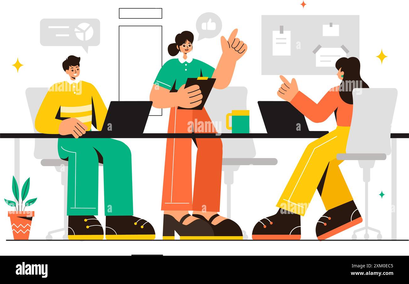 Vector Illustration of a Coworking Business with Colleagues Talking ...