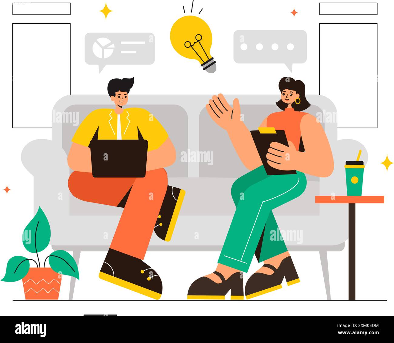 Vector Illustration of a Coworking Business with Colleagues Talking, Meeting, and Working in a ...