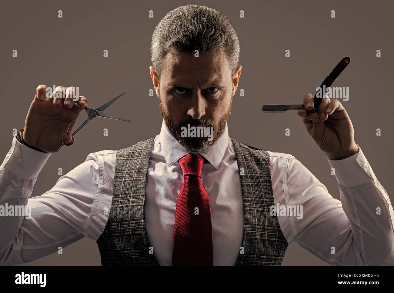 portrait of man shave and cut hair with hairdresser toos. man barbering ...