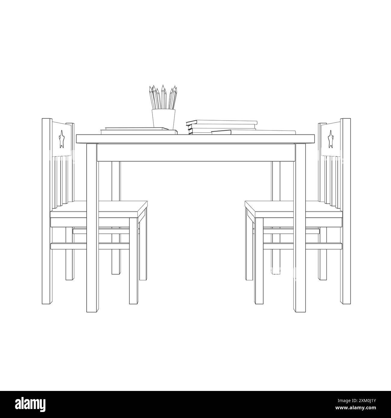 Outline of a rectangular table with two chairs made of black lines ...