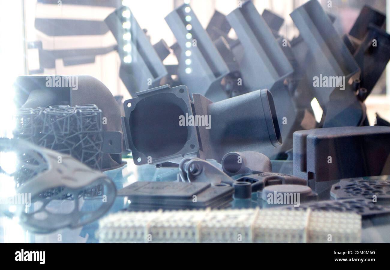 Different objects from powder plastic printed on 3D printer. Multi Jet ...