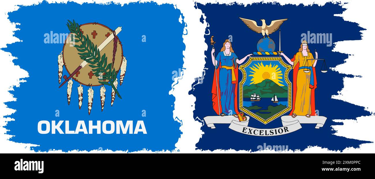 New York and Oklahoma states grunge brush flags connection, vector ...