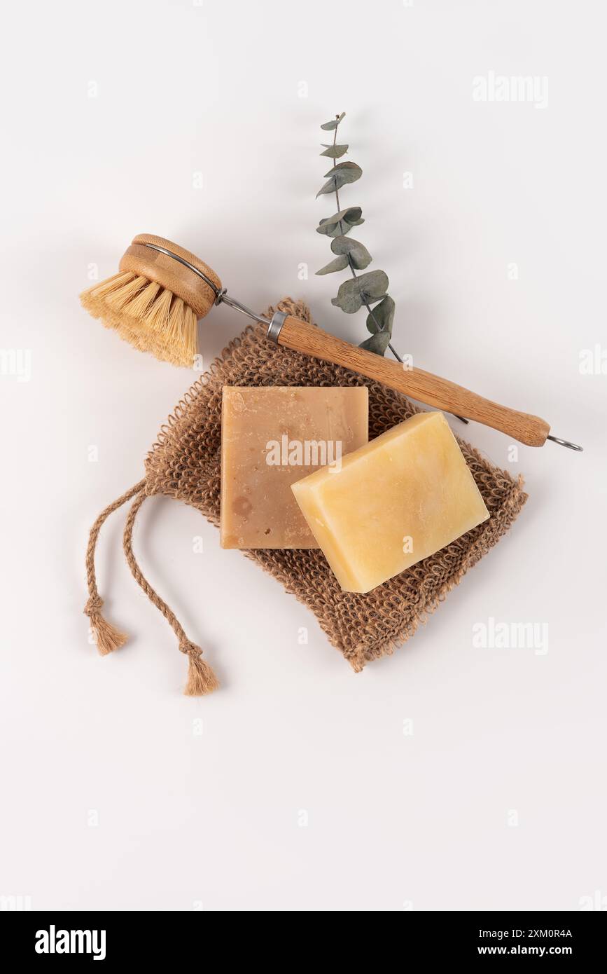 Handcraft organic soap bars with cleaning brush and washcloth, top view ...