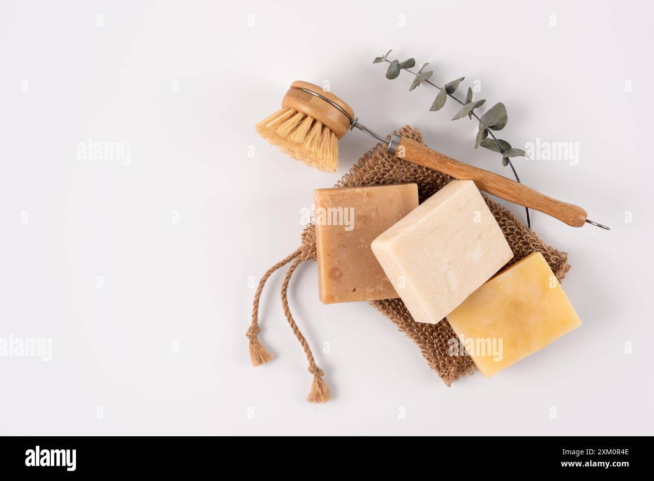 Handcraft organic soap bars with cleaning brush and washcloth, top view ...
