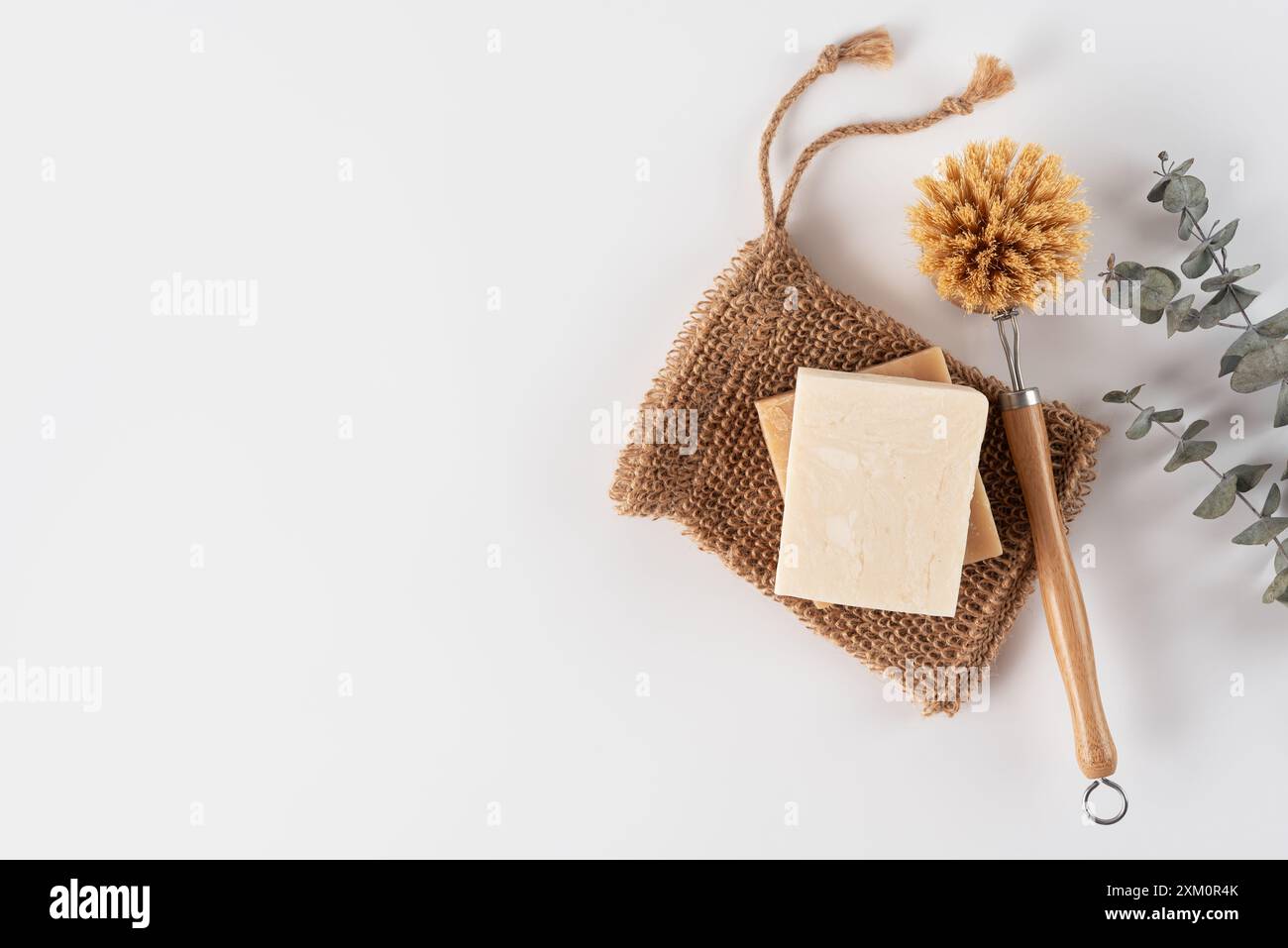 Handcraft organic soap bars with cleaning brush and washcloth, top view ...