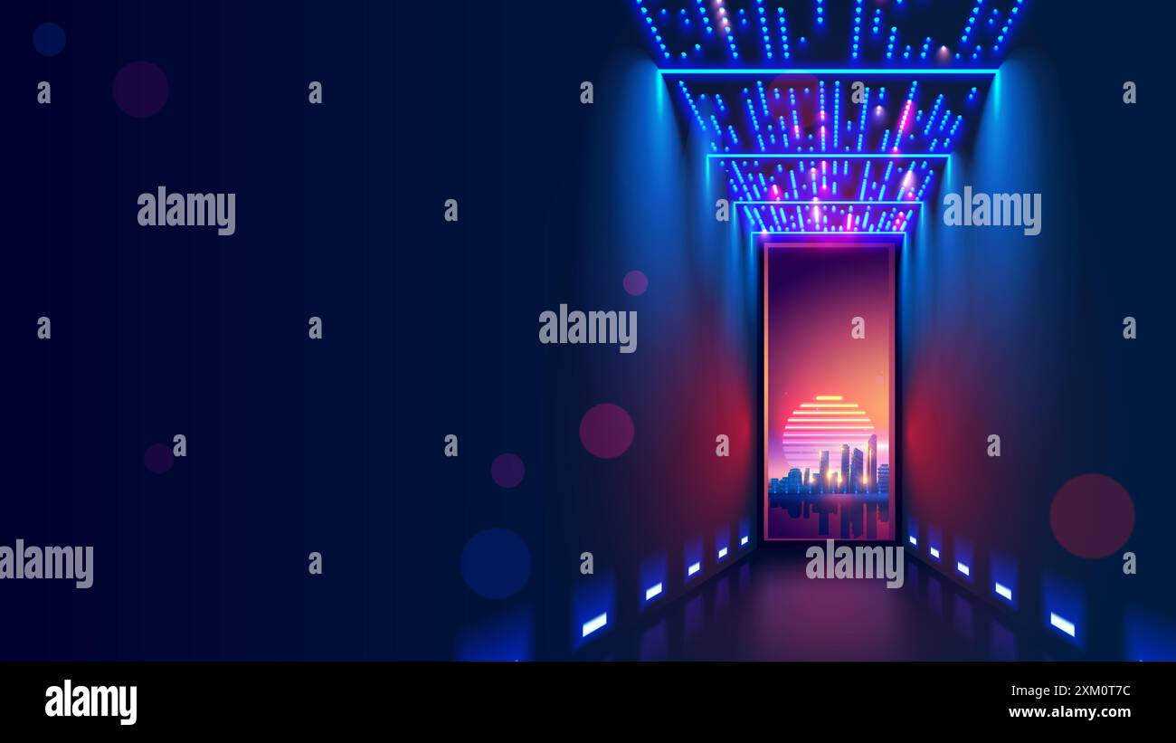 Science fiction door in parallel worlds. Door in tunnel with digital ...