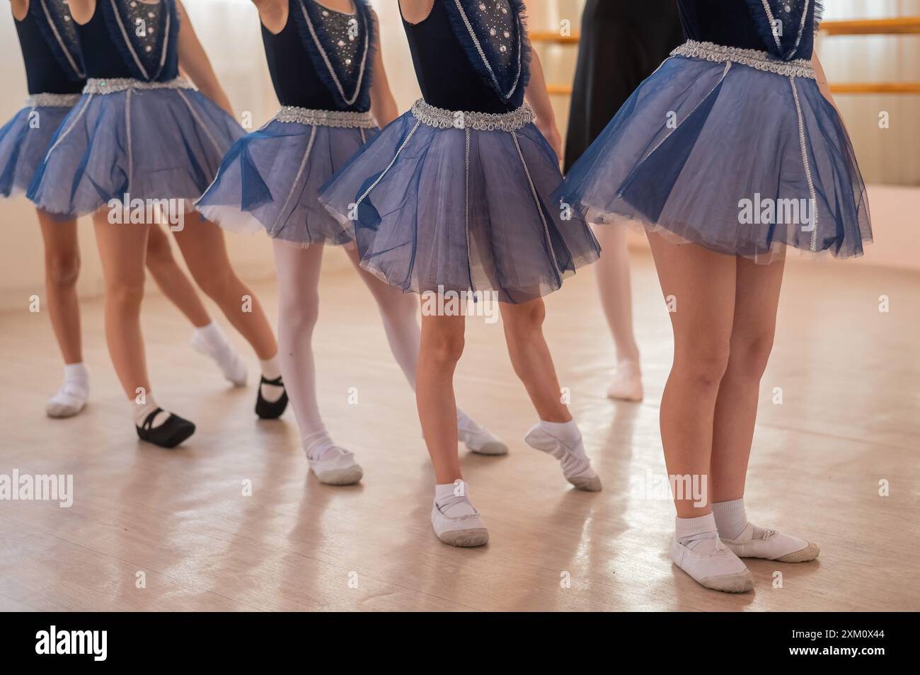 Children's ballet school. Close-up of the feet of five little ...