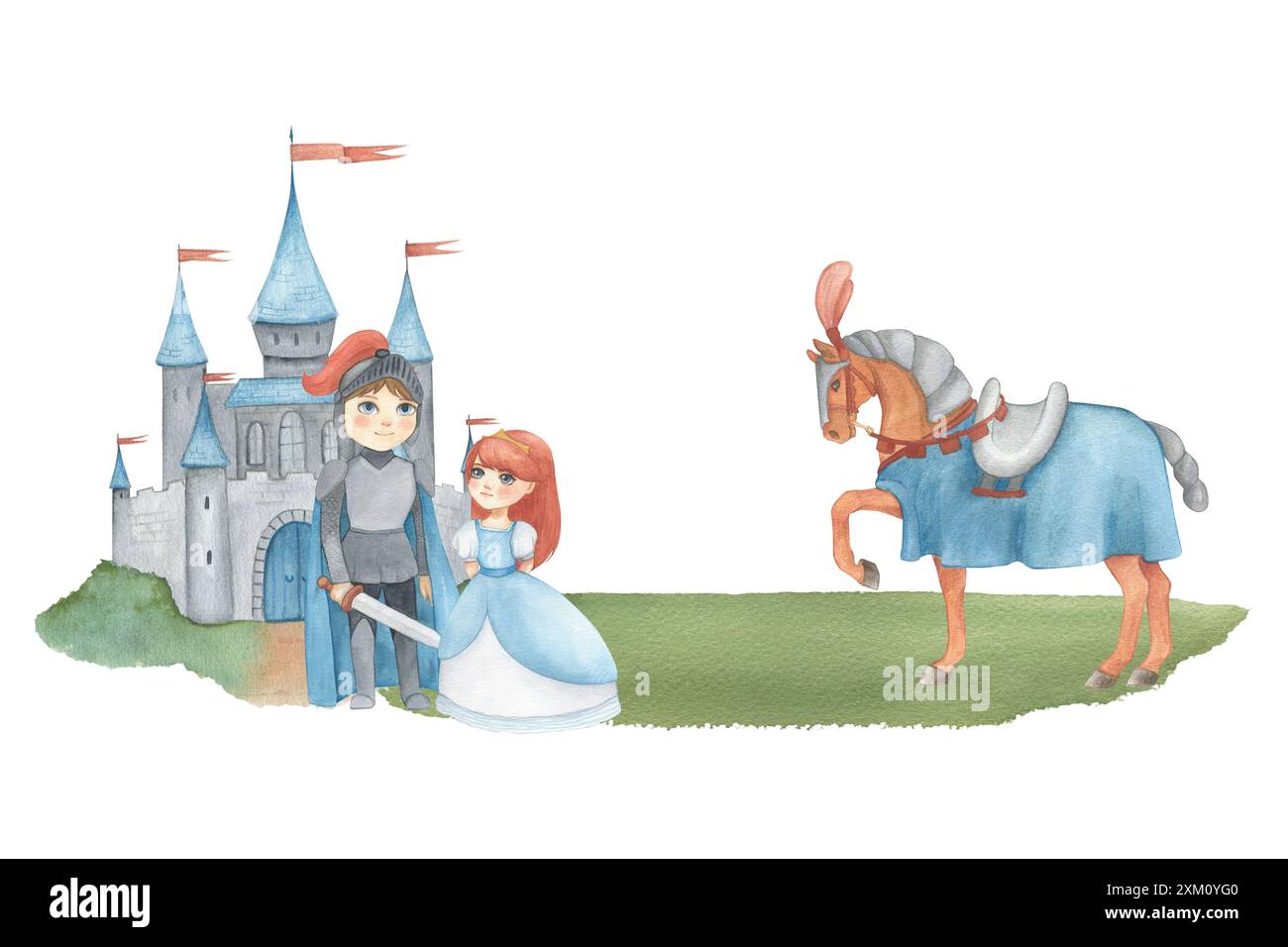 Frame with watercolor illustration of a fantasy prince and princess in ...