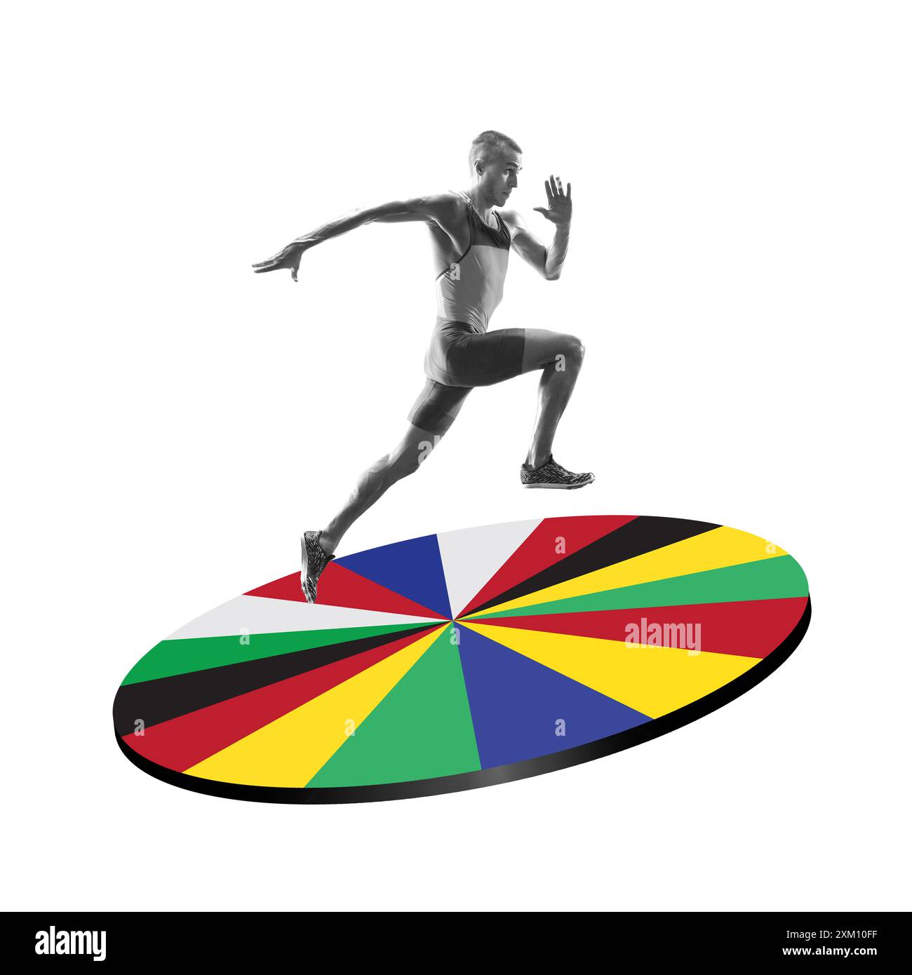 Monochrome athlete running atop vibrant circle of international flags ...