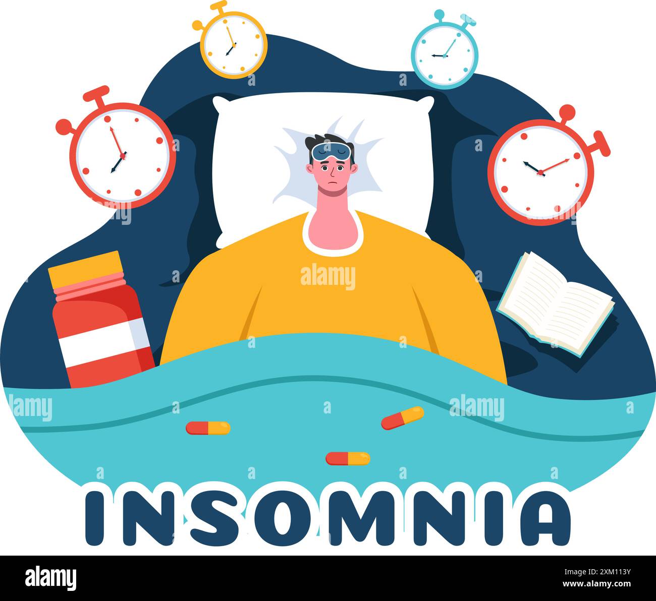 Insomnia Vector Illustration Featuring Young People Unable to Sleep ...
