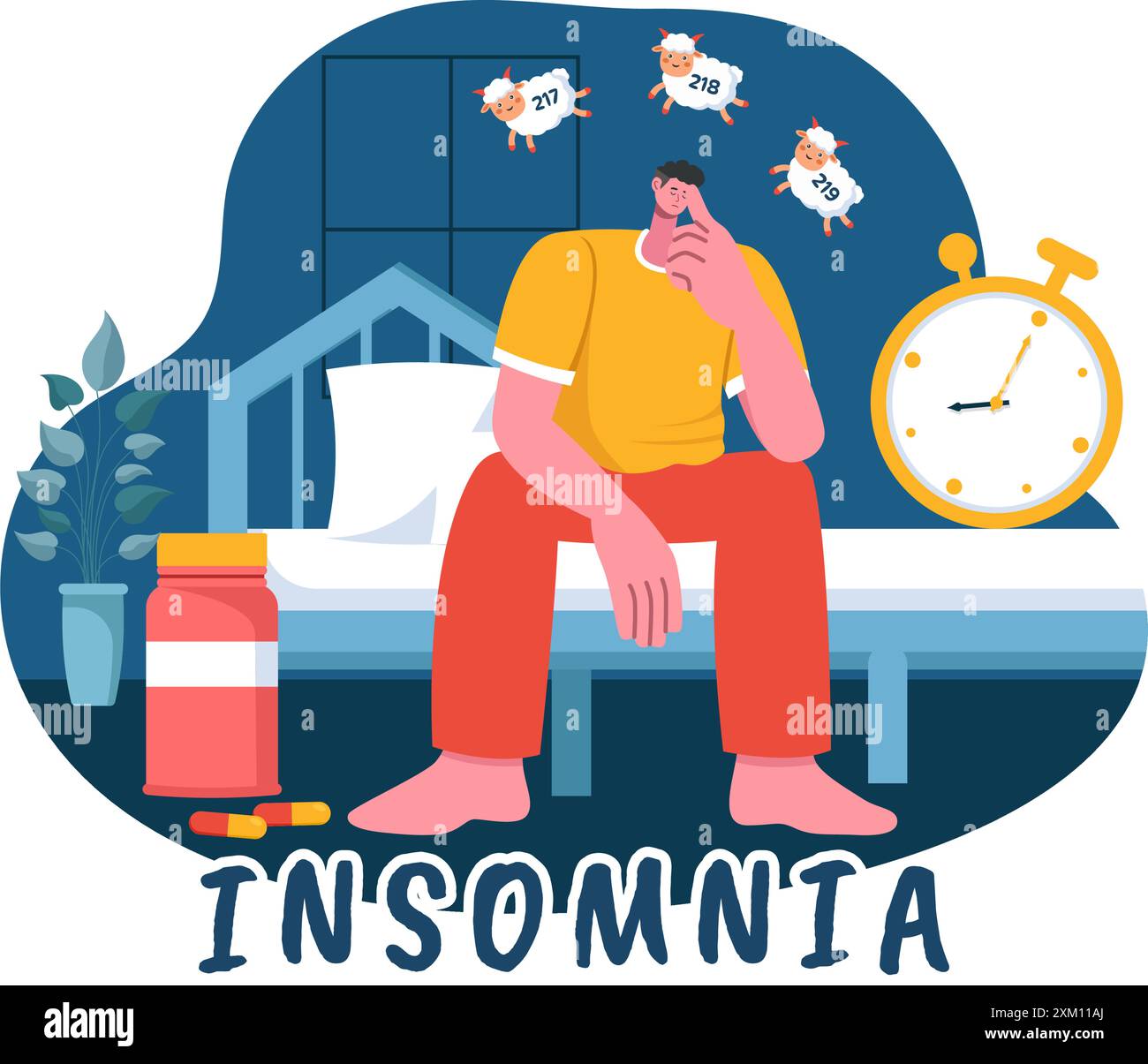 Insomnia Vector Illustration Featuring Young People Unable to Sleep ...