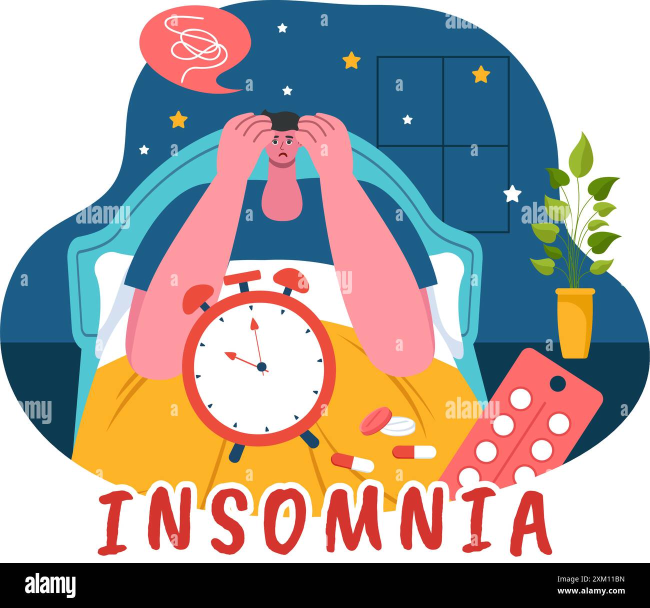 Insomnia Vector Illustration Featuring Young People Unable to Sleep ...