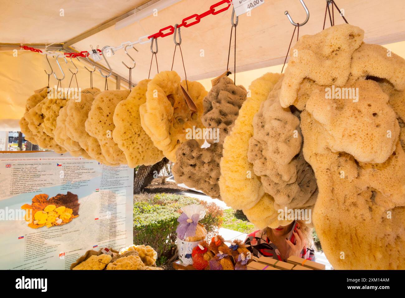 Sea sponge market stall / stalls selling local sea sponges to tourists ...