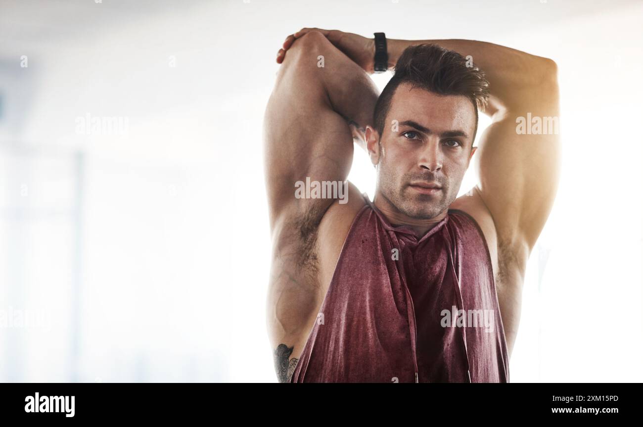 Stretching, arms and man in gym for exercise, fitness and improve ...