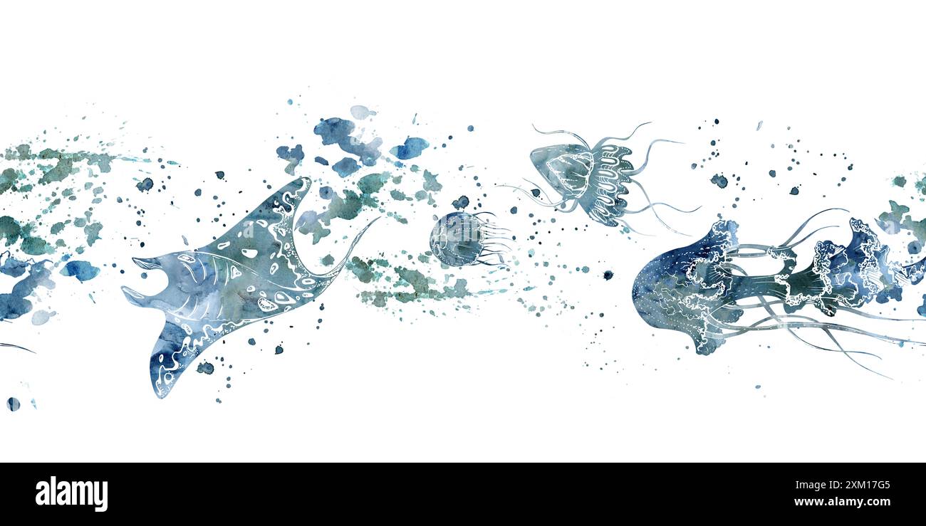 Watercolor and ink hand drawn marine life, sea ocean underwater ...