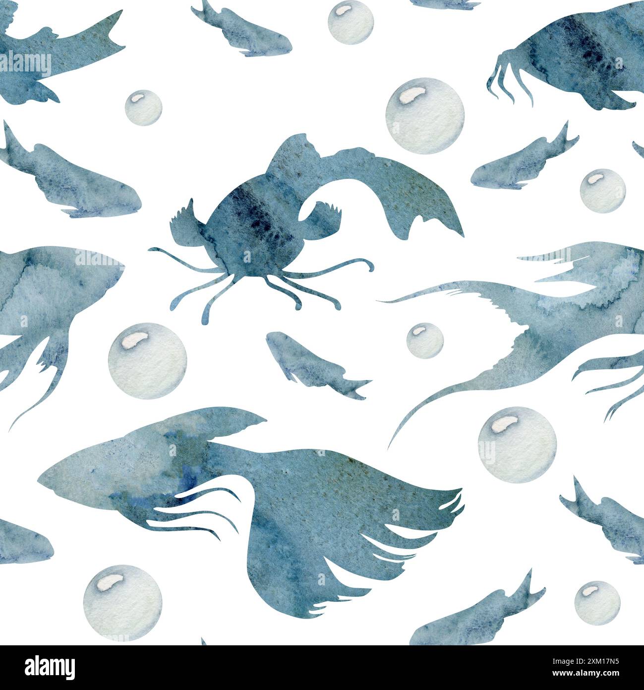 Watercolor and ink hand drawn marine life, sea ocean underwater ...