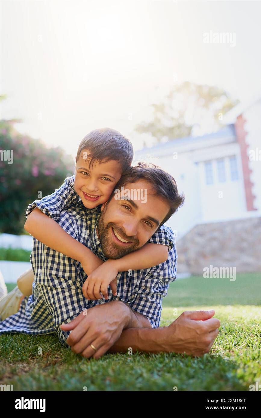 Father, child and portrait in garden of home with hugging, smile and ...