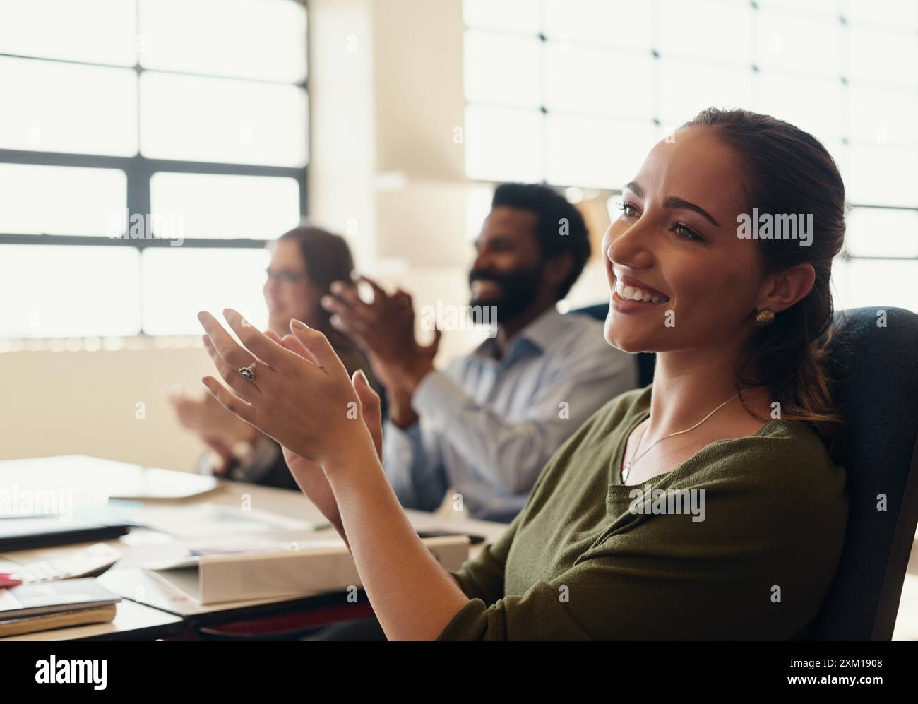 Happy business people, group and clapping for presentation, company ...