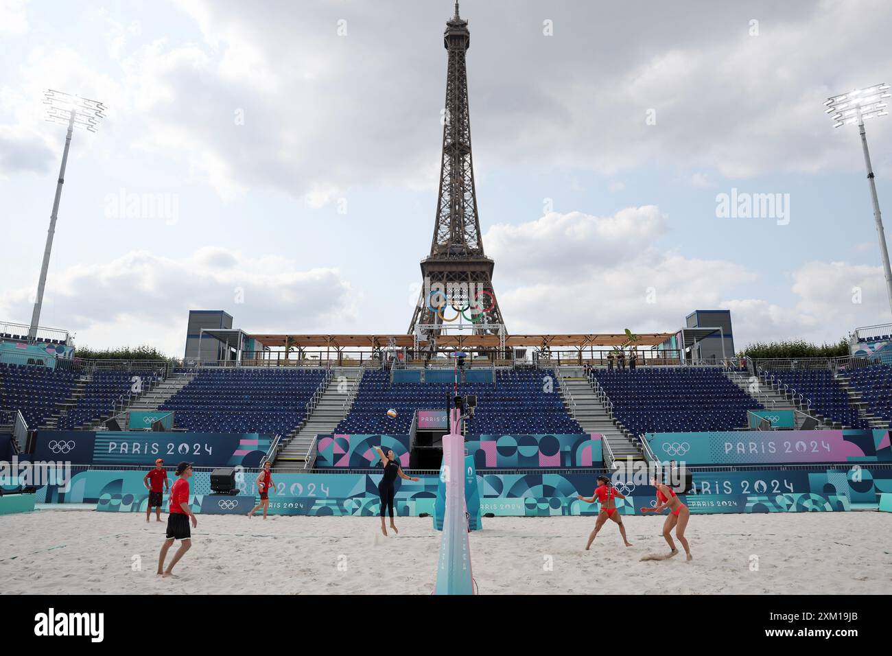 Paris, France. 24 July, 2024. Beach volleyball players training on the ...