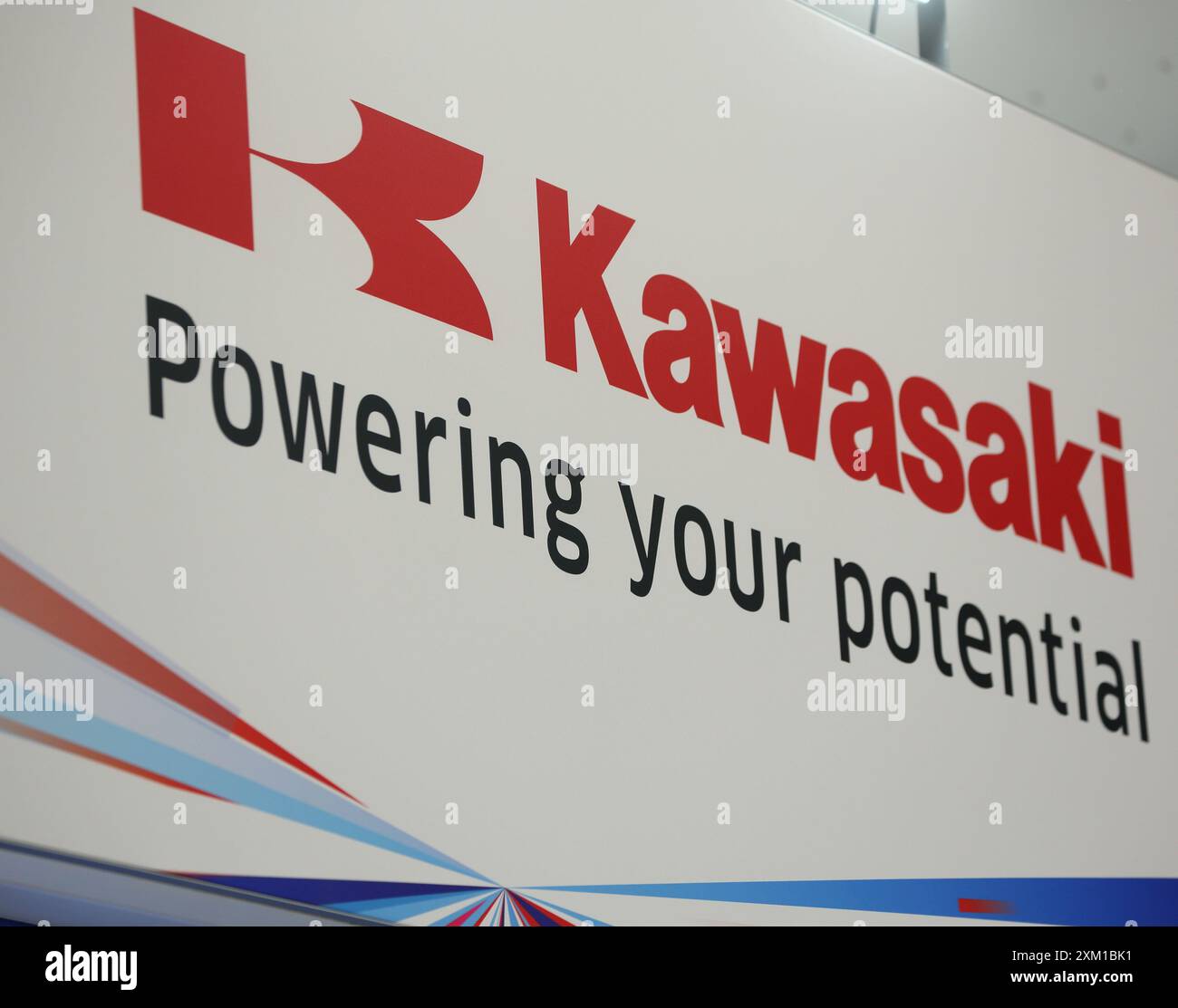 The logo of Japanese company Kawasaki at the Farnborough International ...
