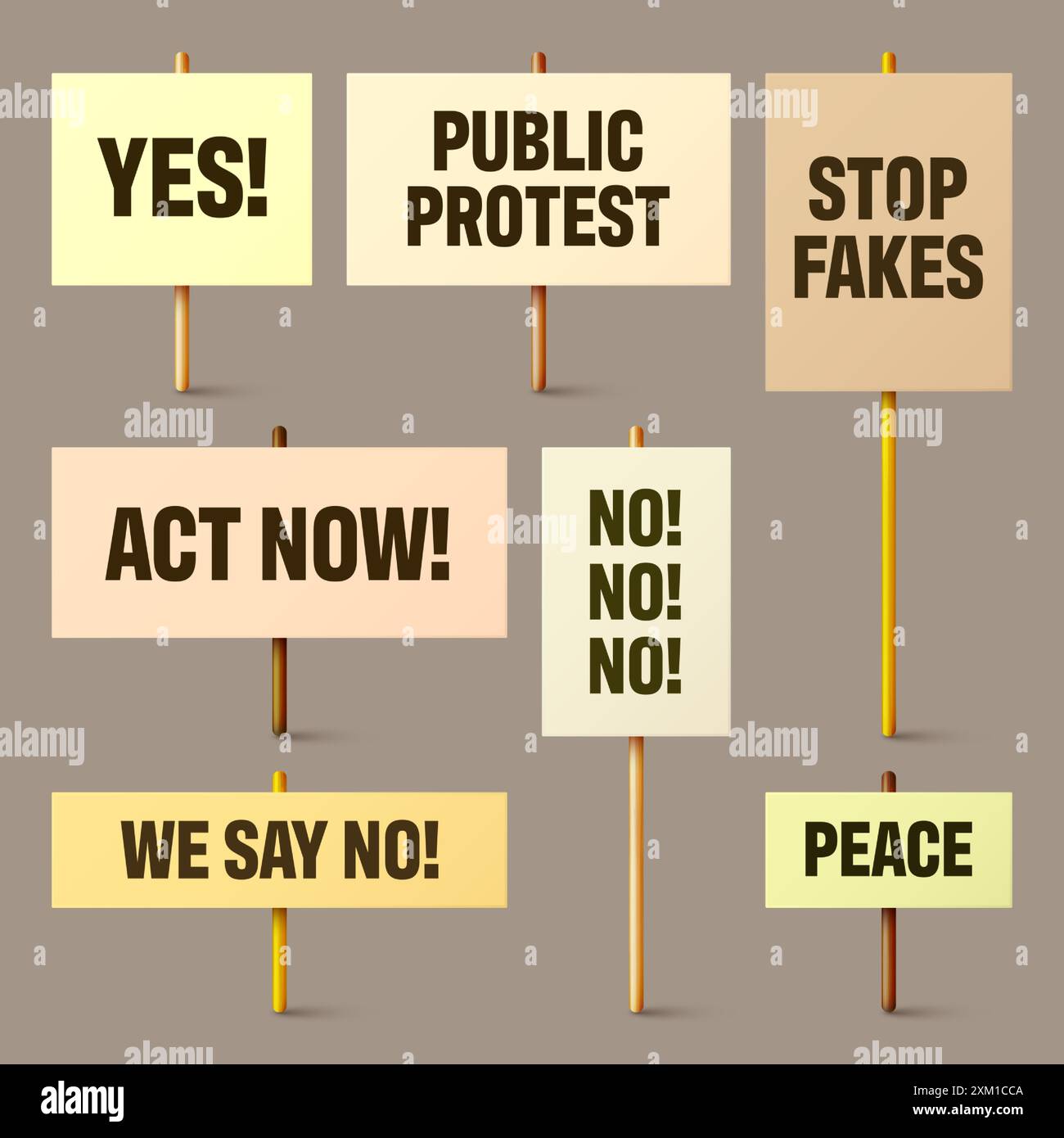 Colorful protest signs with slogan on wooden holder. Realistic vector ...