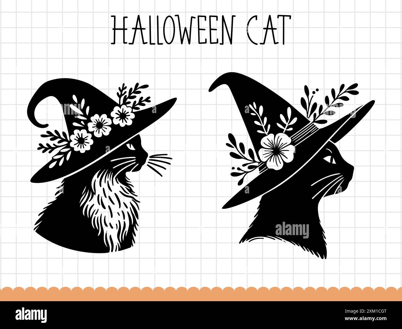 Halloween black cats in witches hat with flowers. Vector illustration ...