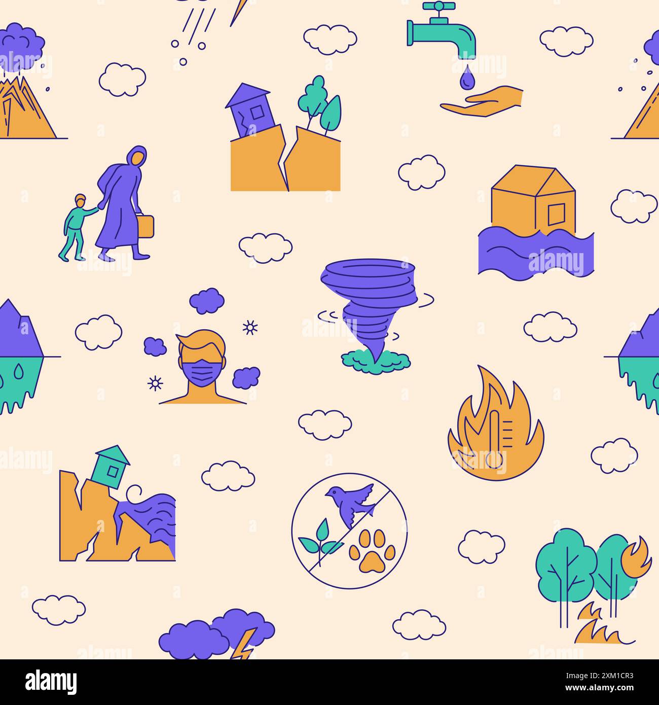 Climate change impact seamless pattern. Natural disasters, global ...