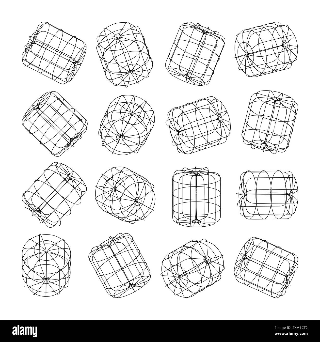 Wireframe lined shapes. Perspective mesh, 3d grid. Low poly geometric elements. Retro futuristic ...