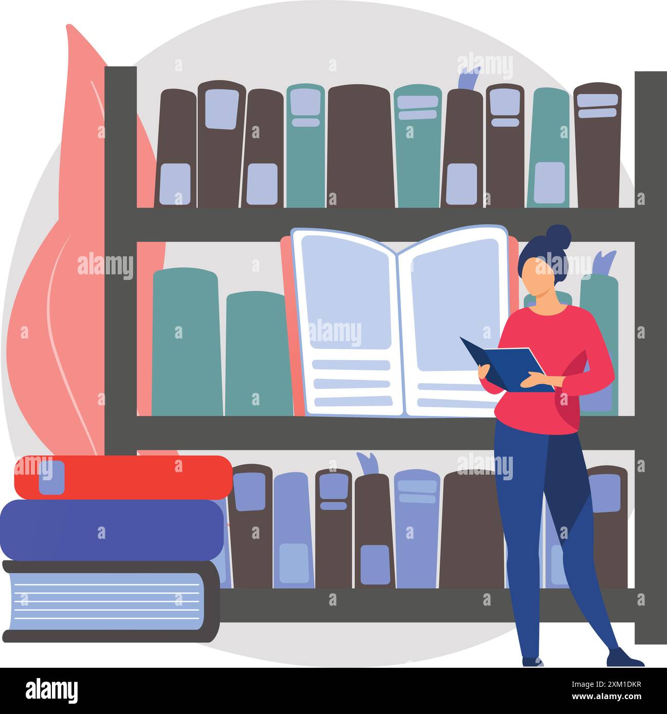 Flat illustration of lady reading book in public library. educational ...