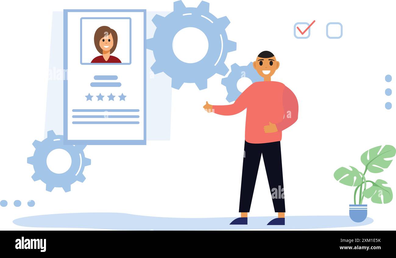Flat illustration of recruit agent analyzing candidate. hr manager ...