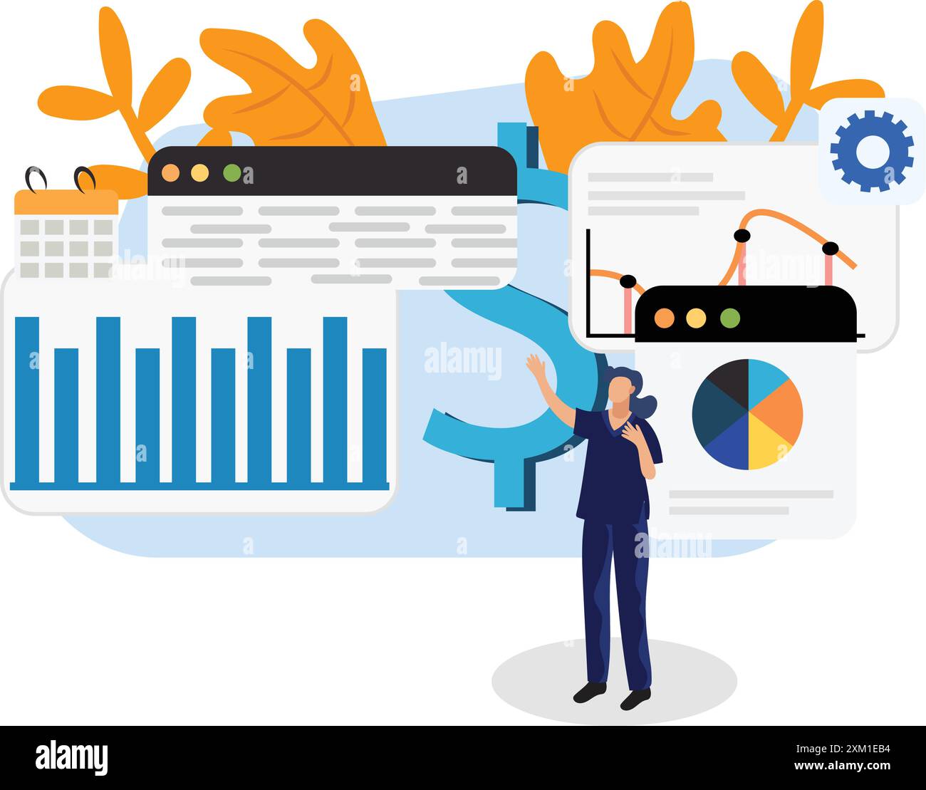 Flat illustration of statistical analyst observing company financial ...
