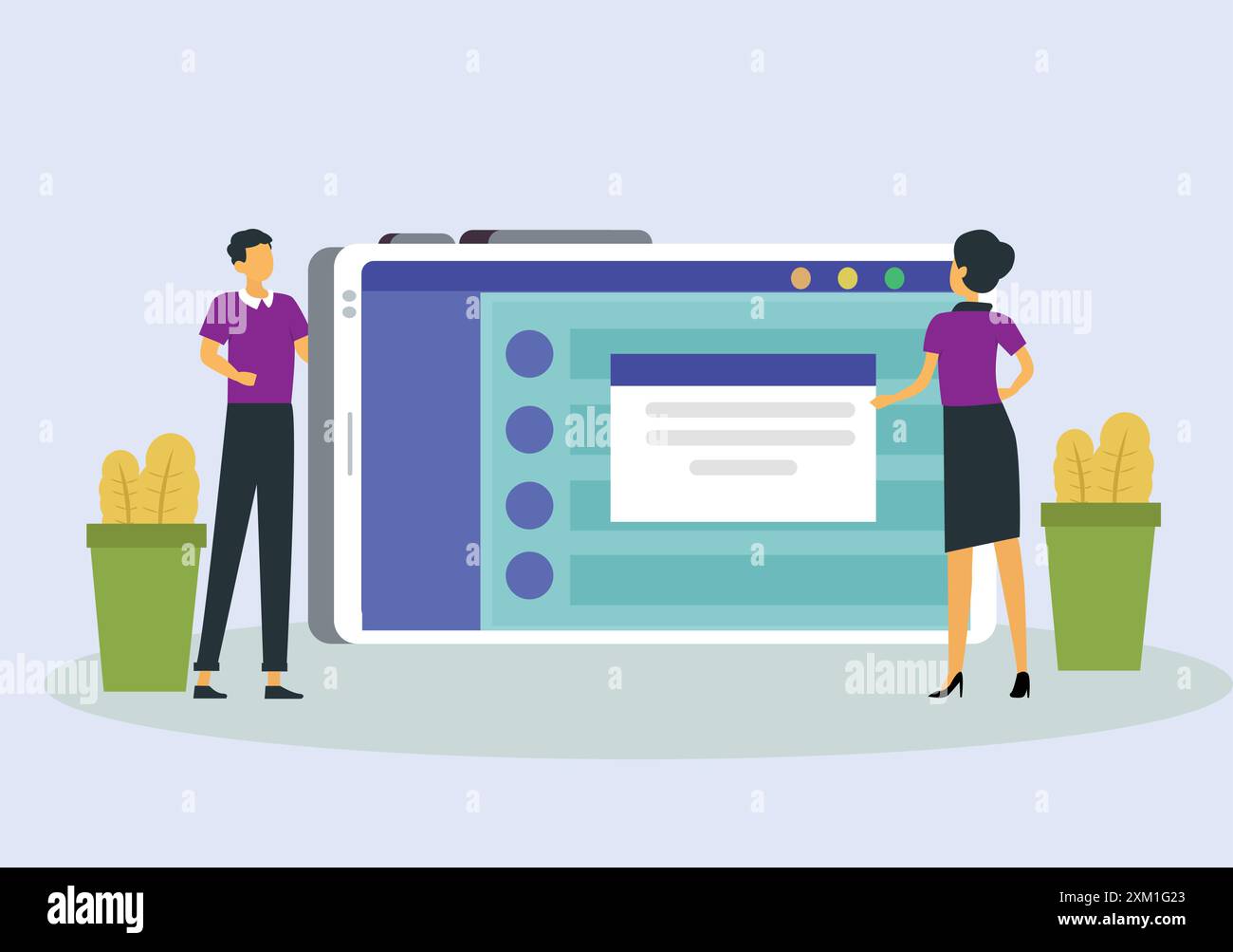 Vector illustration of colleagues showing mobile development concept ...