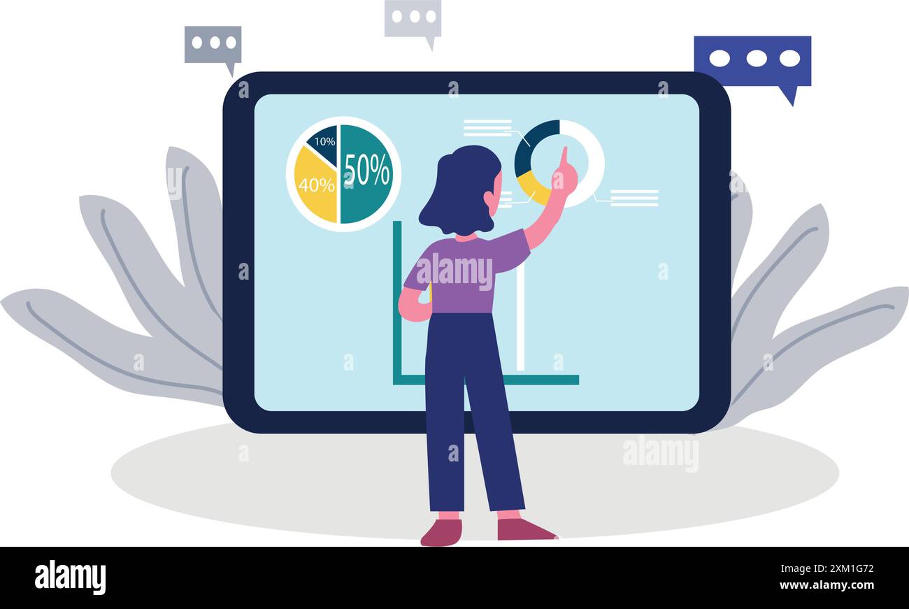 Vector illustration of girl presenting financial analysis of profit and ...