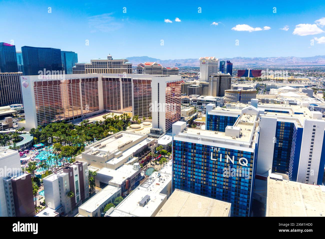 View of the LINQ and the Flamingo resort casino hotels on the Strip seen from the High Roller ...