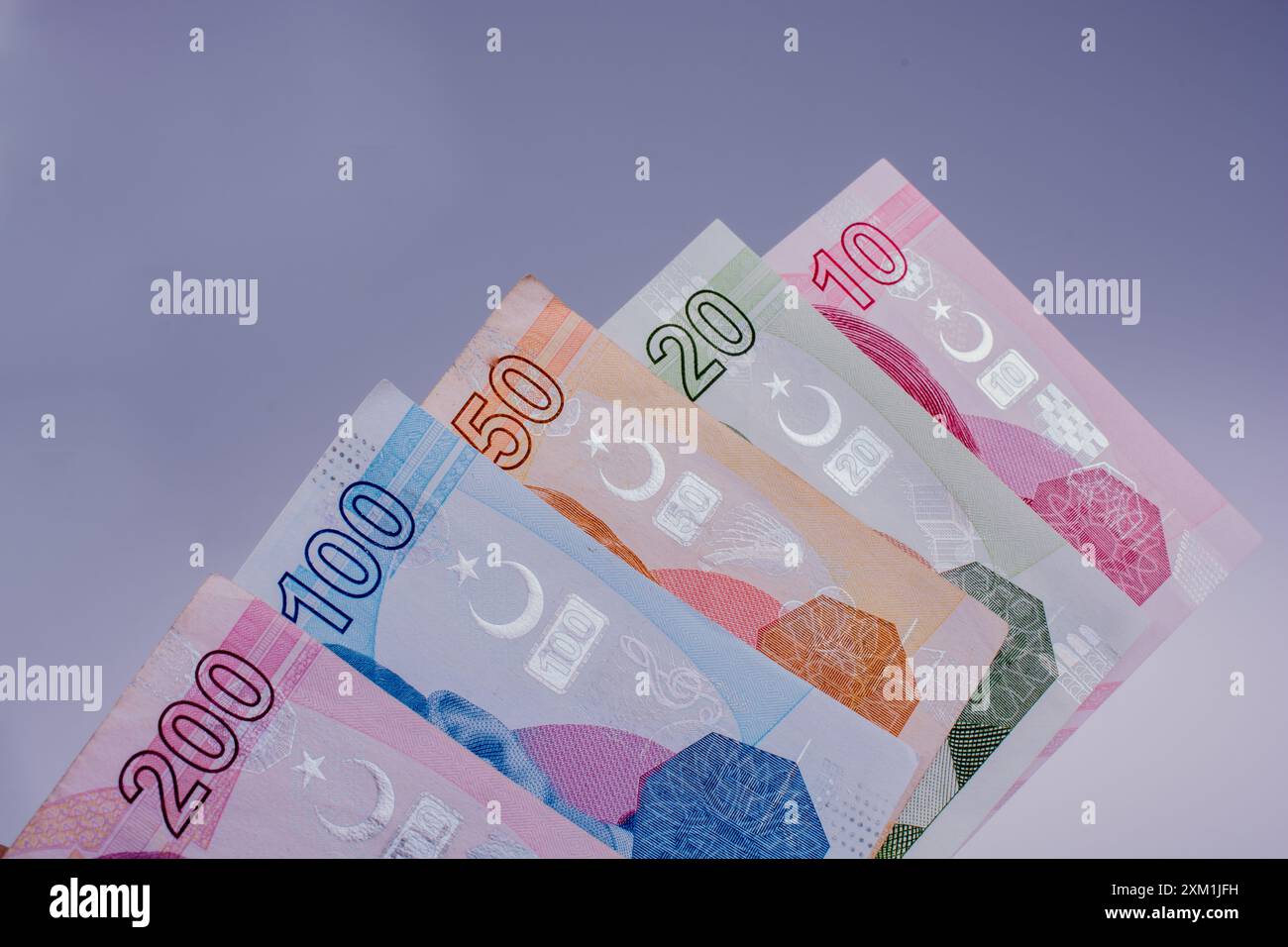 Turksh Lira banknotes of various color, pattern and value on white ...