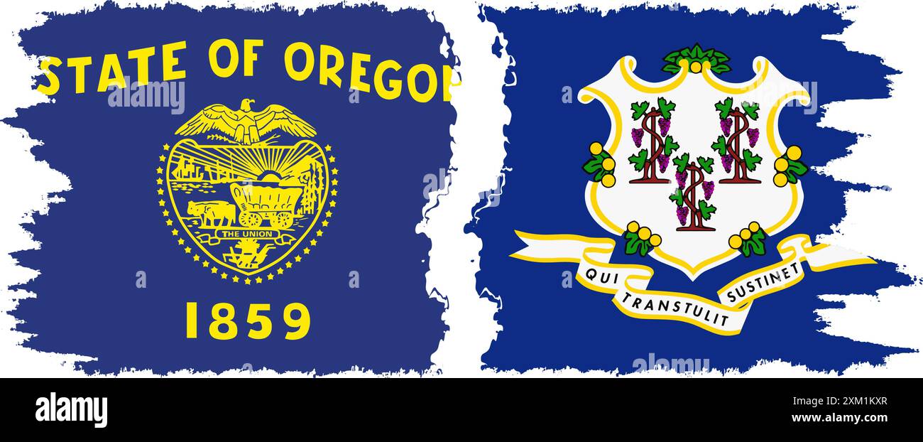 Connecticut and Oregon states grunge brush flags connection, vector ...